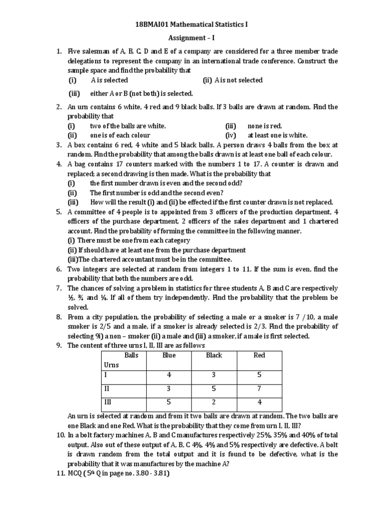 18BMAI01 Mathematical Statistics I Assignment - I | Download Free PDF | Odds | Probability