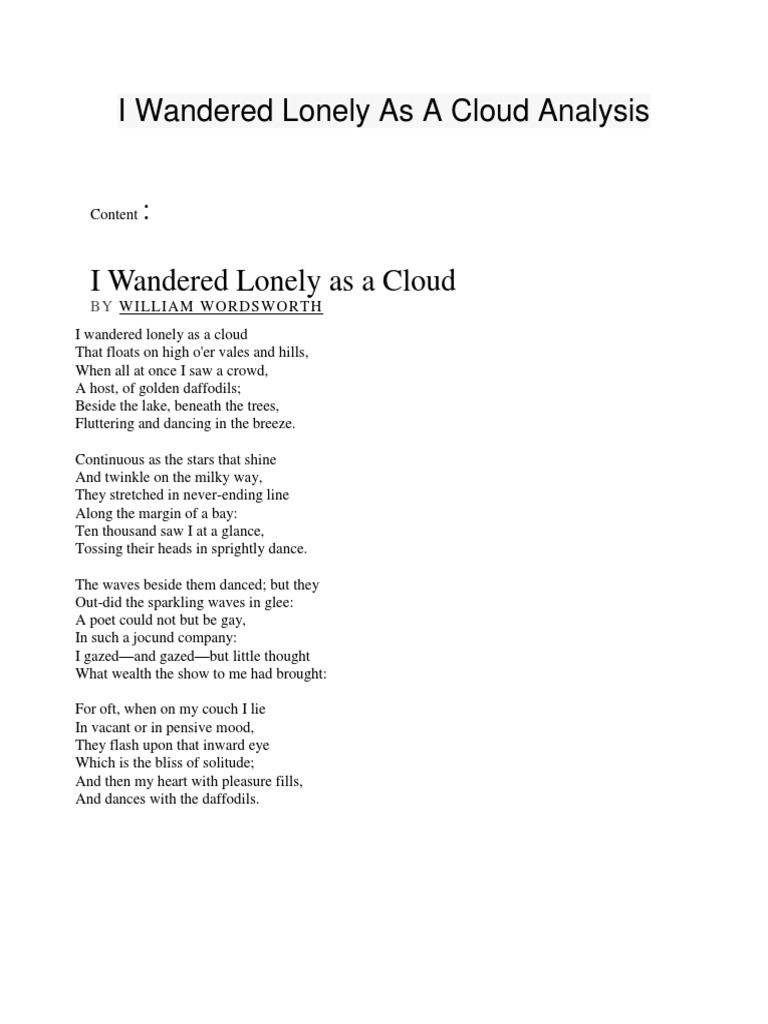 I Wandered Lonely As A Cloud Analysis | PDF | Poetry