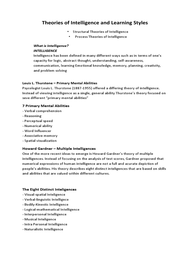 Theories of Intelligence and Learning Styles Written Report | PDF ...