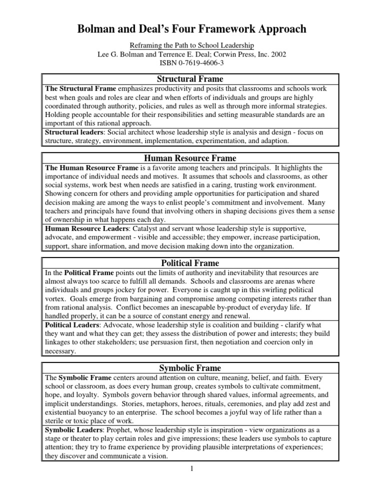 Bolman and Deal's Four Framework Approach | PDF | Leadership ...