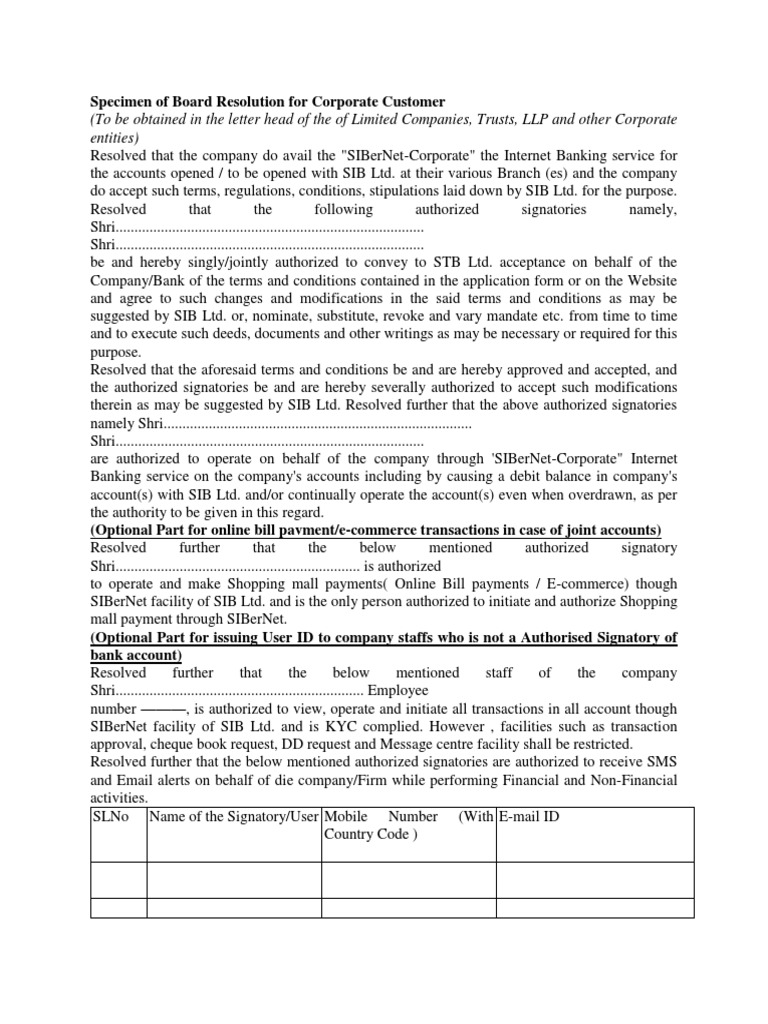 Specimen of Board Resolution For Corporate Customer | PDF | Payments ...