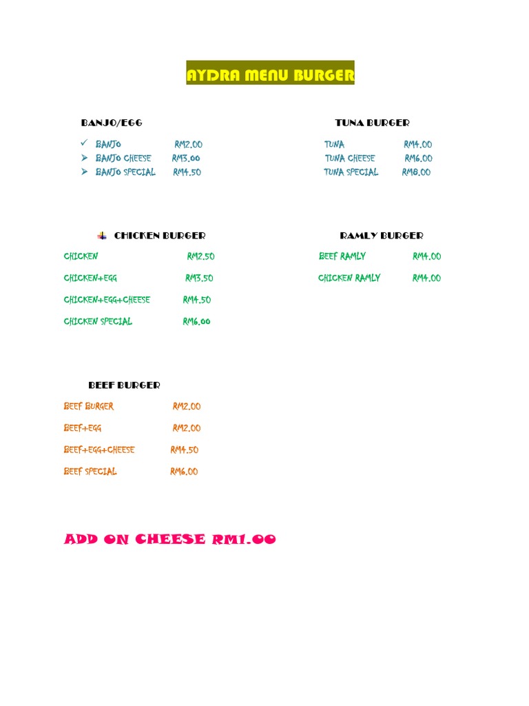 Aydra Menu Burger: Add On Cheese Rm1.00 | PDF