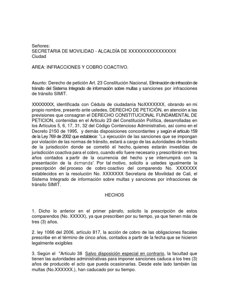 Modelo Prescripcion MULTA Transito | PDF | Estatuto de limitaciones ...