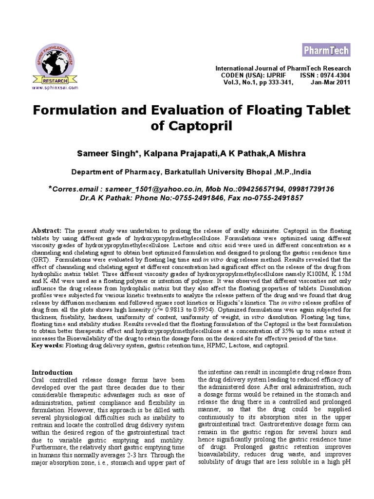 Formulation and Evaluation of Floating Tablet of Captopril: Sameer ...