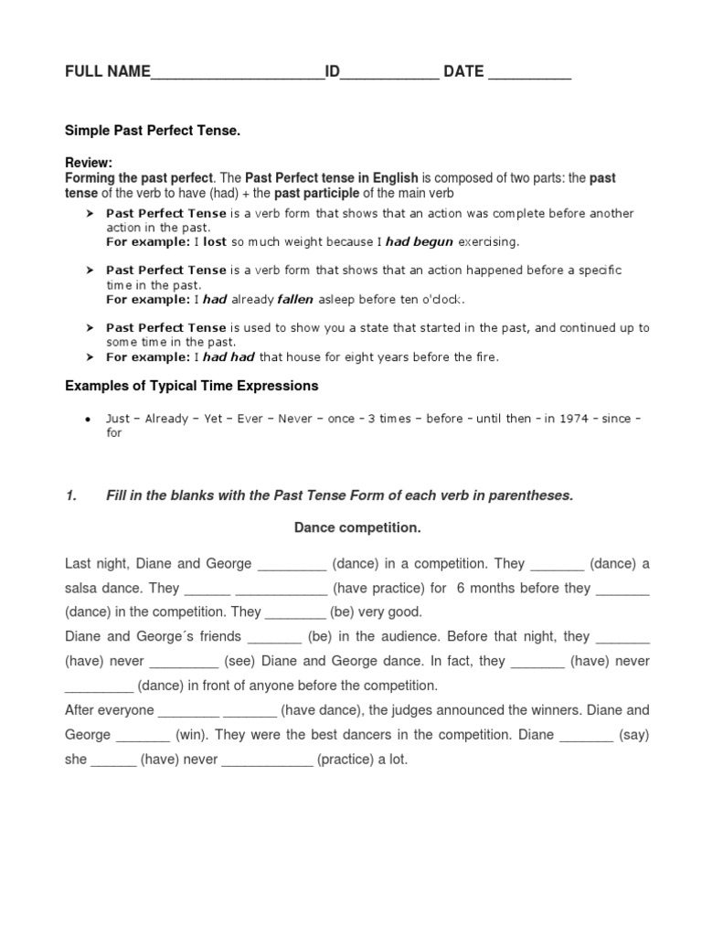 Quiz8 - Past Perfect Tense Review | PDF | Perfect (Grammar ...