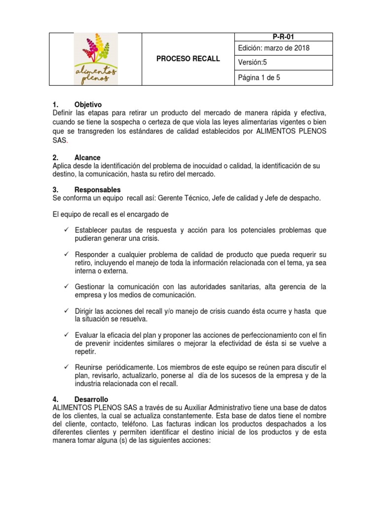 Procedimiento Recall | PDF | Los consumidores | Calidad (comercial)