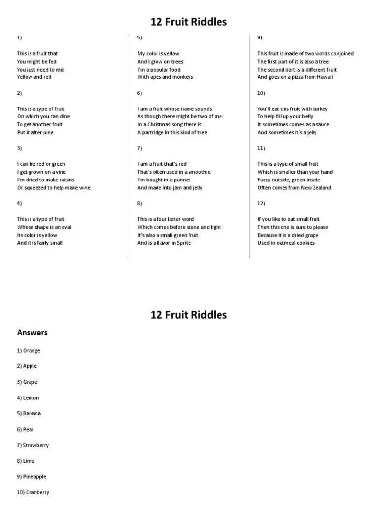 12 Fruit Riddles For Kids | PDF | Fruit | Fruit Preserves