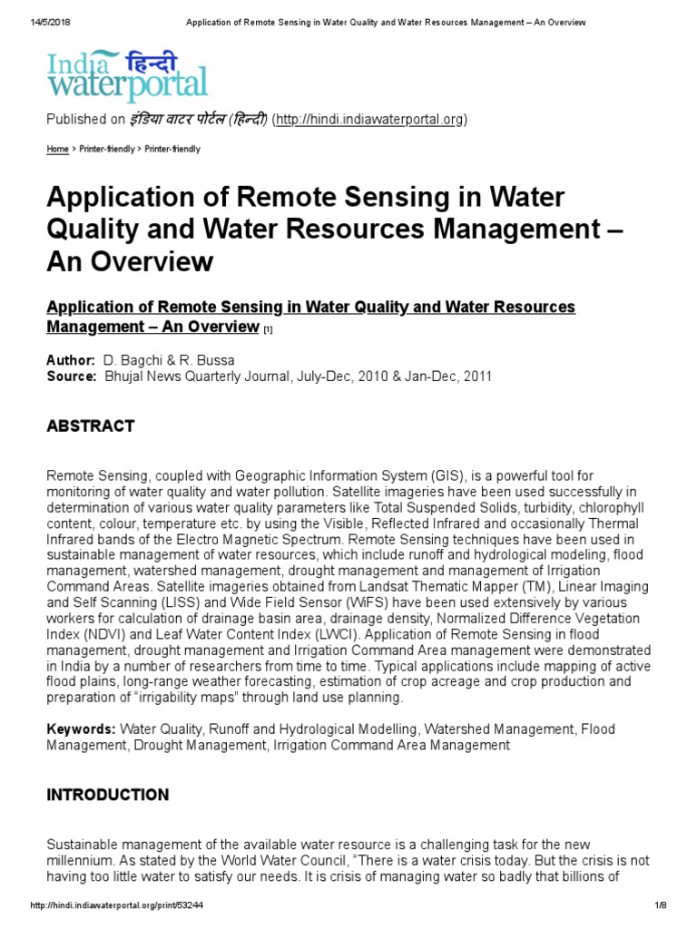 Application Of Remote Sensing In Water Quality And Water Resources