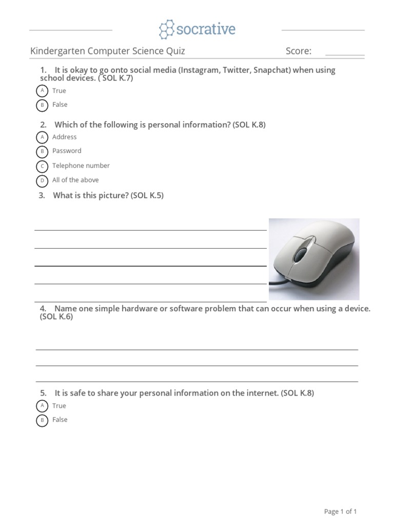 Kindergarten Computer Science Quiz | PDF