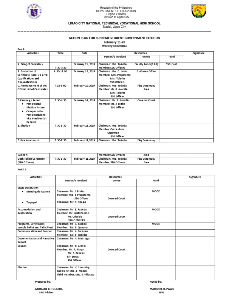 Action Plan For SSG Election | PDF | Voting | Political Events