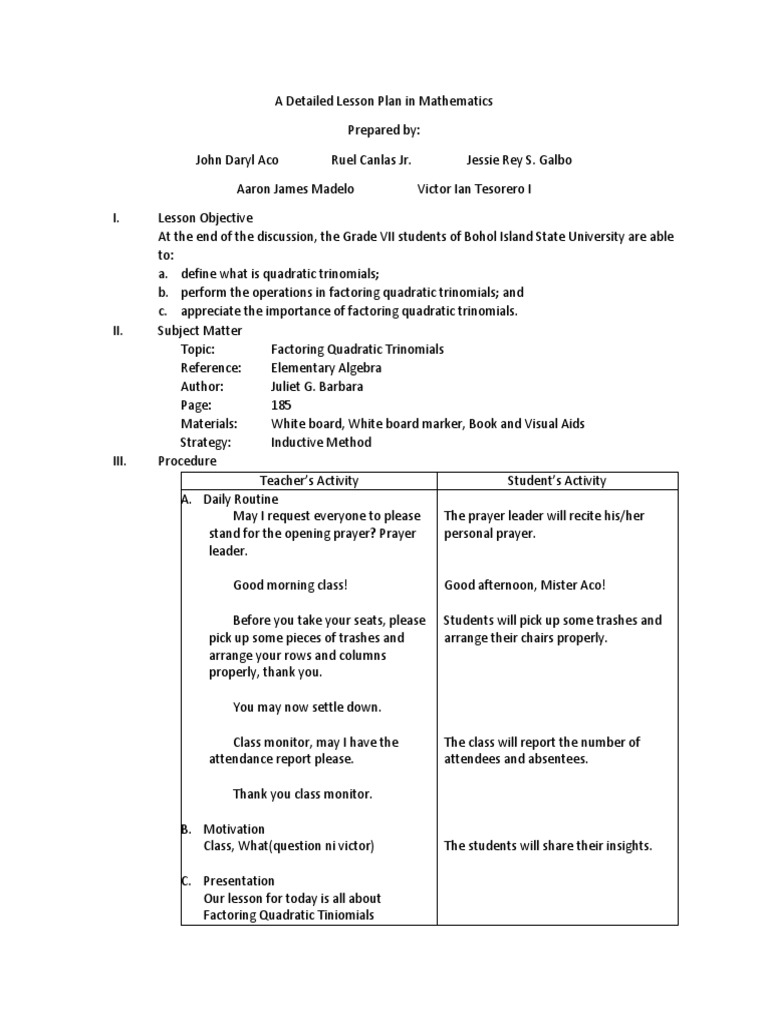 Lesson Plan: Factoring Quadratic Trinomials | PDF | Lesson Plan | Pedagogy