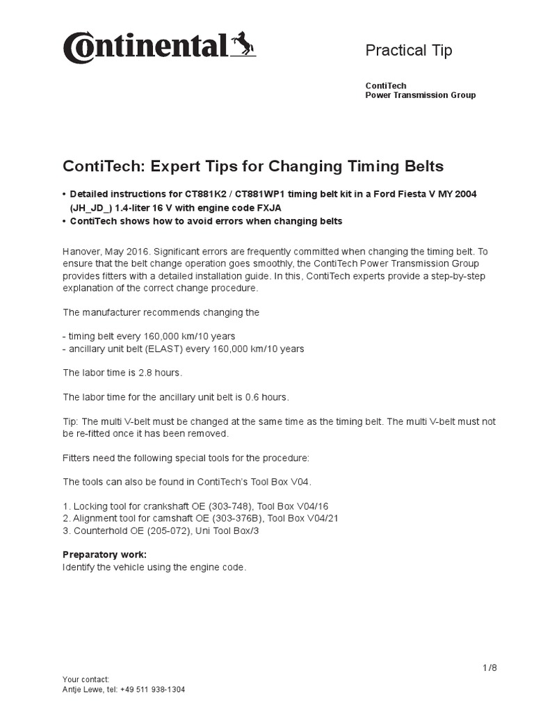 Ford Fiesta Timing Belt Guide 14 Liter 16 V With Engine Code Fxja | PDF ...