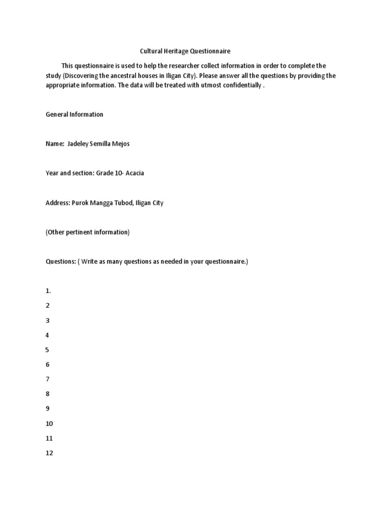 Cultural Heritage Questionnaire for Students | PDF