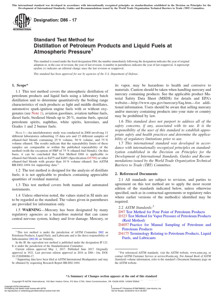 Astm D86 | PDF | Distillation | Thermometer