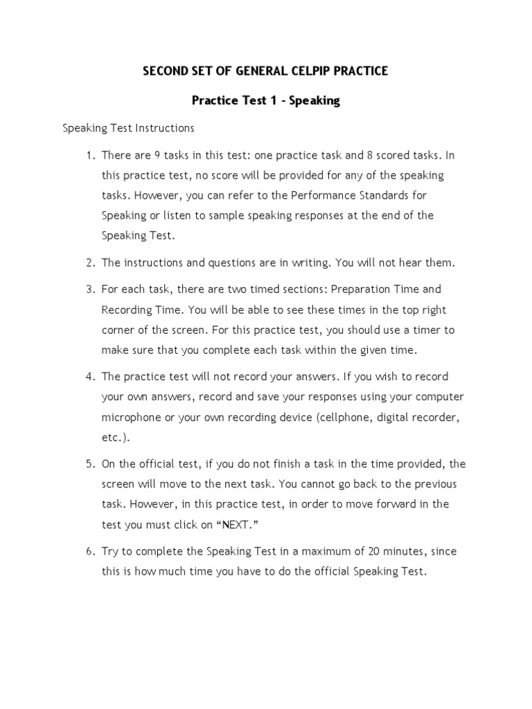Second Set of General Celpip Practice Practice Test 1 - Speaking | PDF ...