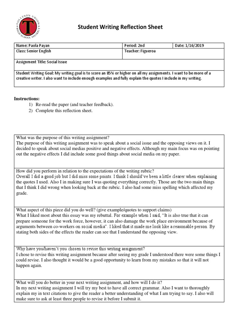 Student Reflection on Social Issue Essay | PDF | Rubric (Academic ...