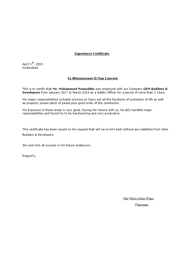 Safety Officer Experience Certificate