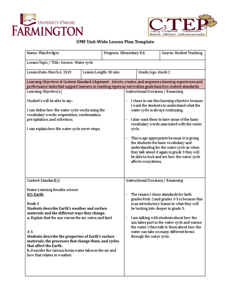 UMF Unit Wide Lesson Plan Template | PDF | Pedagogy | Learning