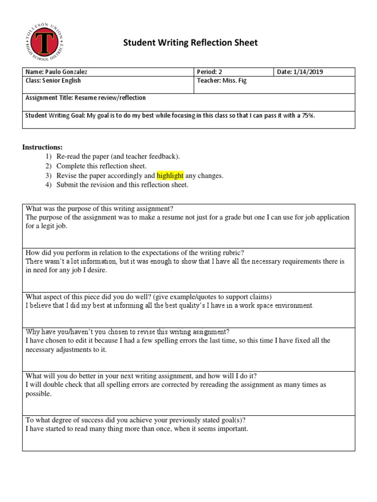 q1 Mid Unit Senior Portfolio Reflection Sheets | PDF