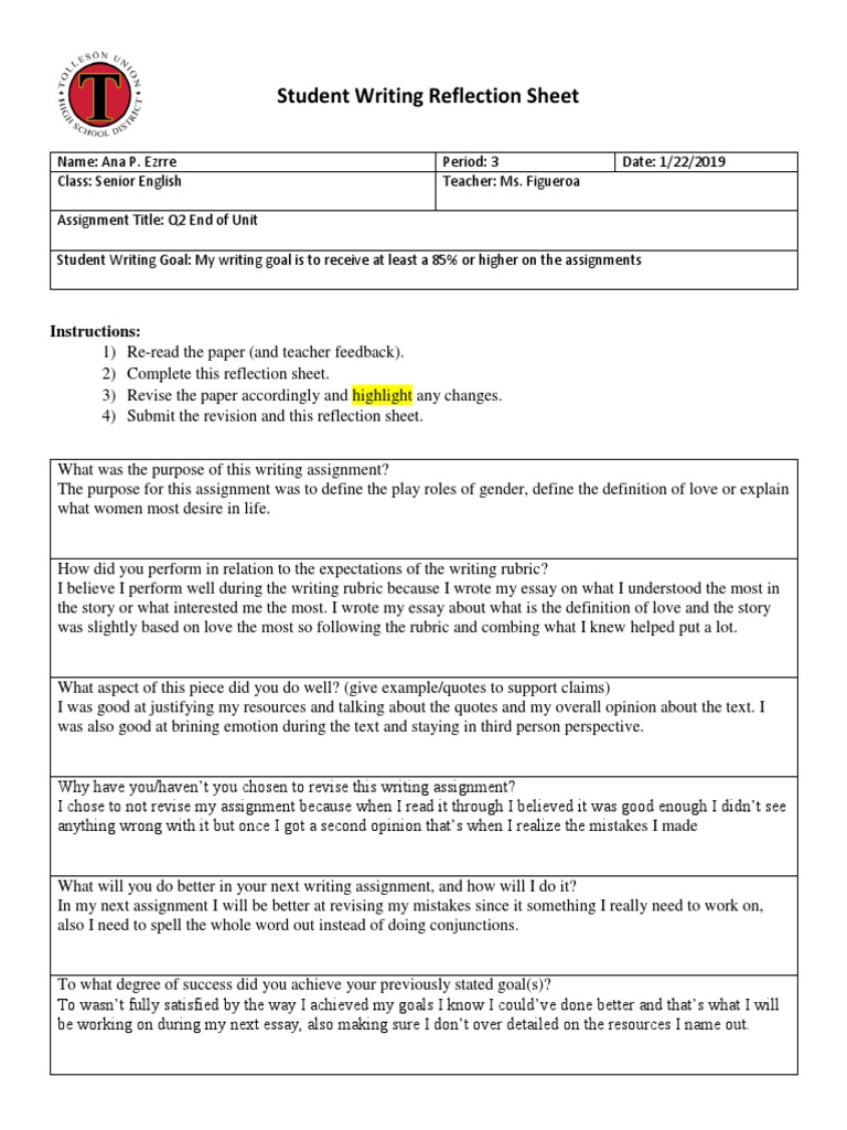 Student Writing Reflection Sheet | PDF