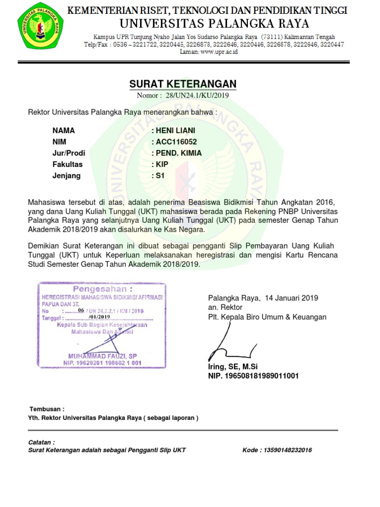 HENI LIANI Slip Pengganti Bukti Pembayaran Ukt | PDF