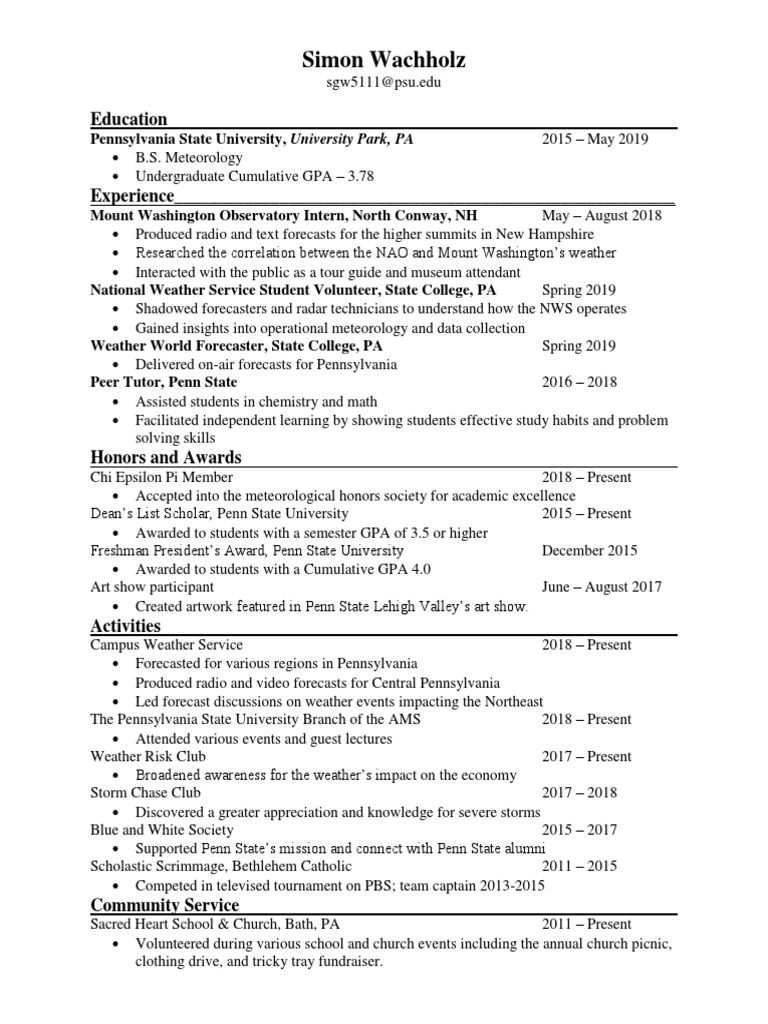 Simon Wachholz Resume 2019 | Pennsylvania State University | Pennsylvania