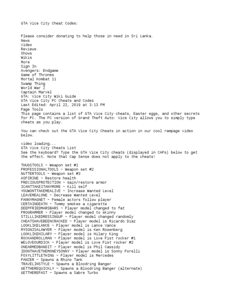 GTA VC Cheat Codes | PDF | Cheating In Video Games | Leisure