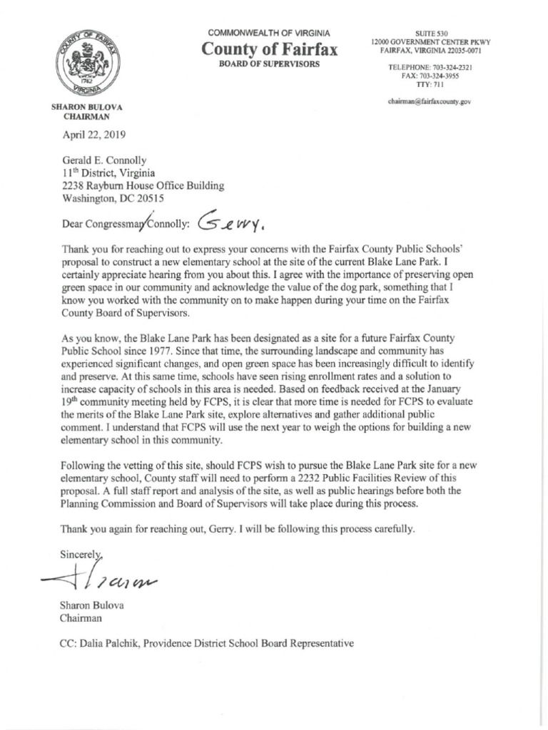 Letter To Congressman Connolly - Blake Lane Park | PDF | Business