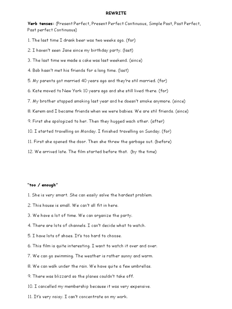 Rewrite Verb Tenses: (Present Perfect, Present Perfect Continuous ...