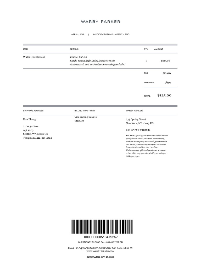 Receipt For Glasses | PDF | Receipt | Service Industries