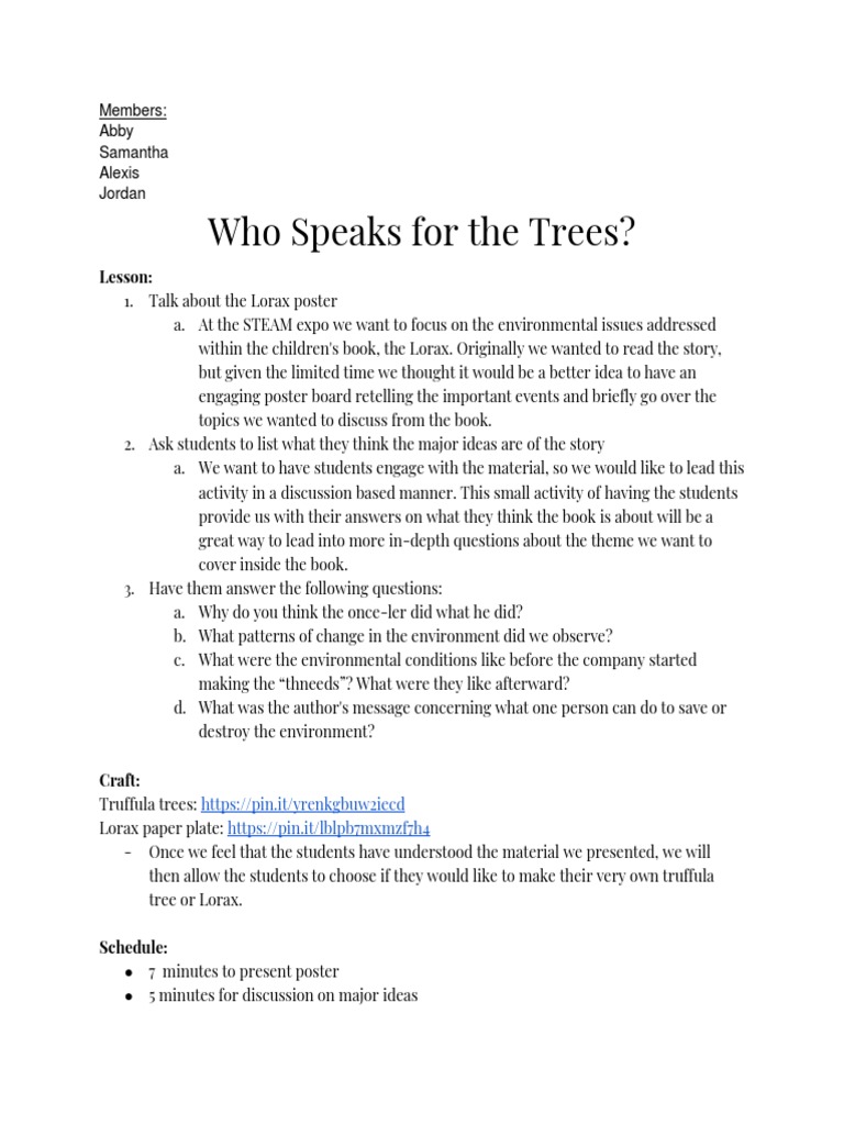 Who Speaks For The Trees?: Lesson | PDF