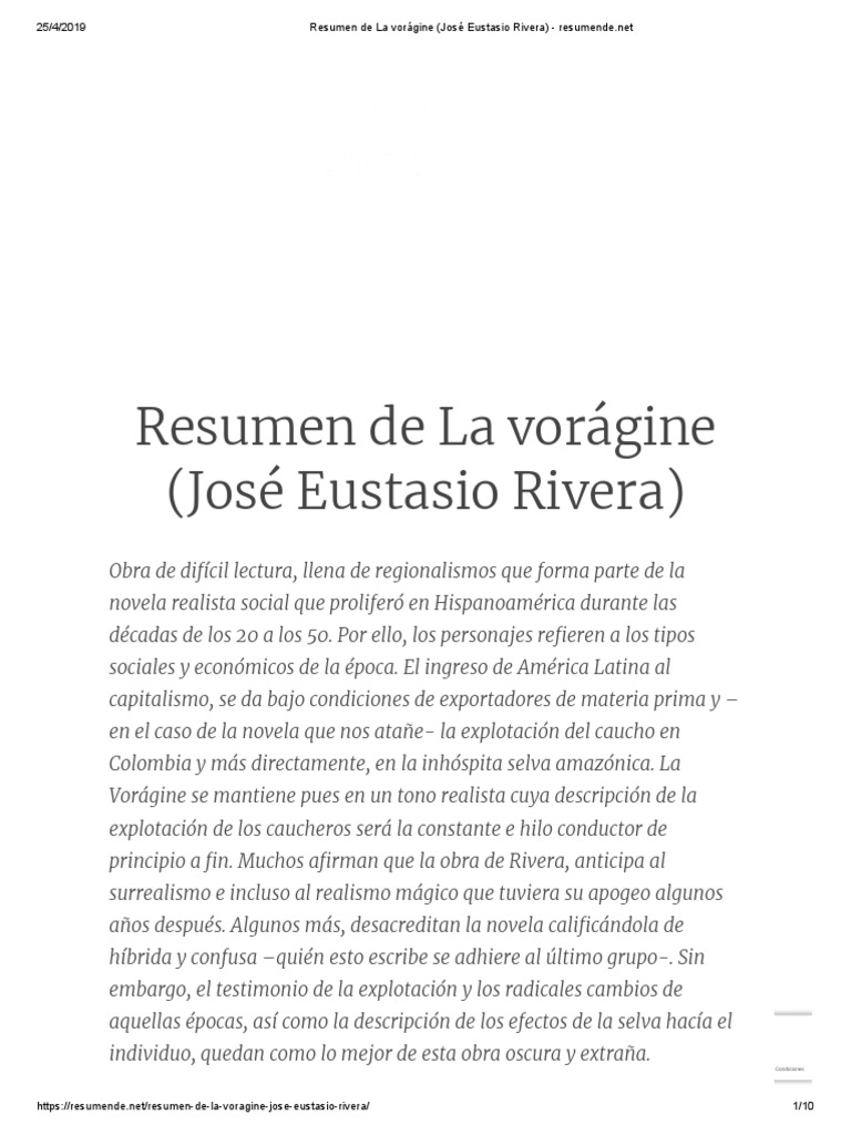 Resumen de La Vorágine (José Eustasio Rivera) | PDF