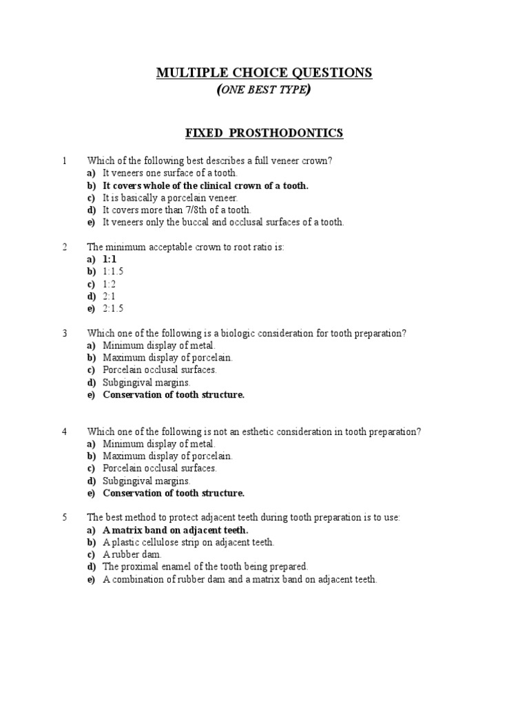 Multiple Choice Questions: Fixed Prosthodontics | PDF | Mouth ...