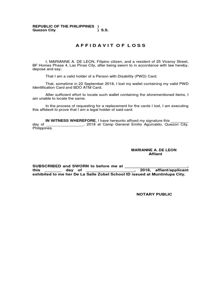 Affidavit of Loss for PWD and ATM Cards | PDF