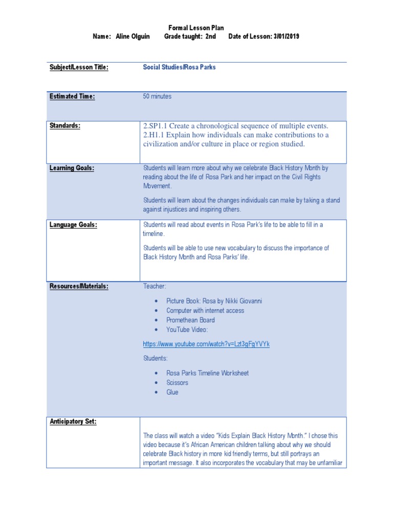 Rosa Parks Lesson Plan | PDF | Lesson Plan | Vocabulary