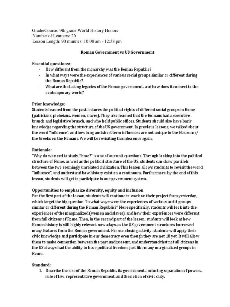 Roman Government Vs Us Government Lesson Plan | PDF | Citizenship Of ...