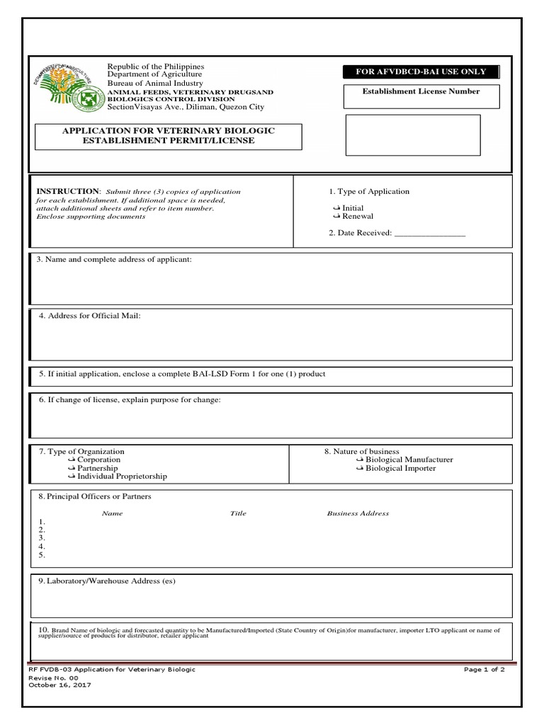 BAI Form RF FVDB-03 - Application For Licensing of Veterinary Biologic ...