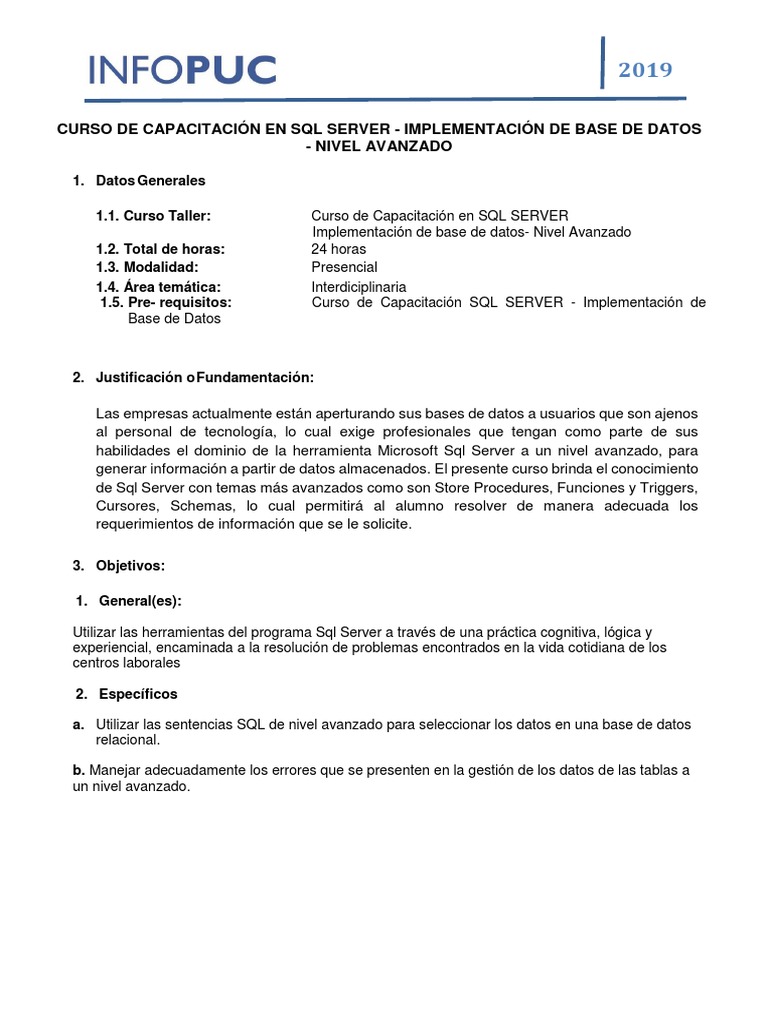 SQL Avanzado Silabo Infopuc | PDF | SQL | Servidor SQL de Microsoft
