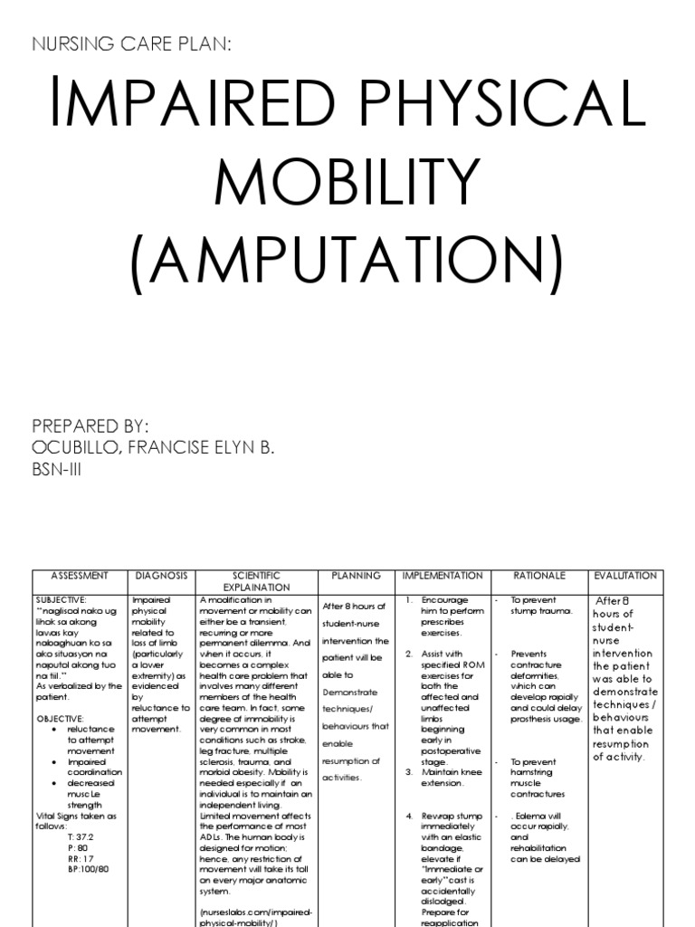 Mpaired Physical Mobility (Amputation) : Nursing Care Plan | PDF ...