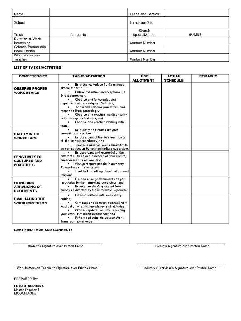 Work Immersion Program Guidelines and Requirements for [Student Name ...