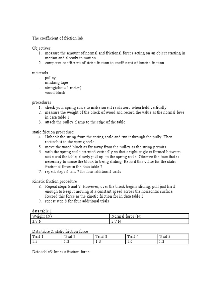 Coefficitent of Friction Lab | PDF | Friction | Force