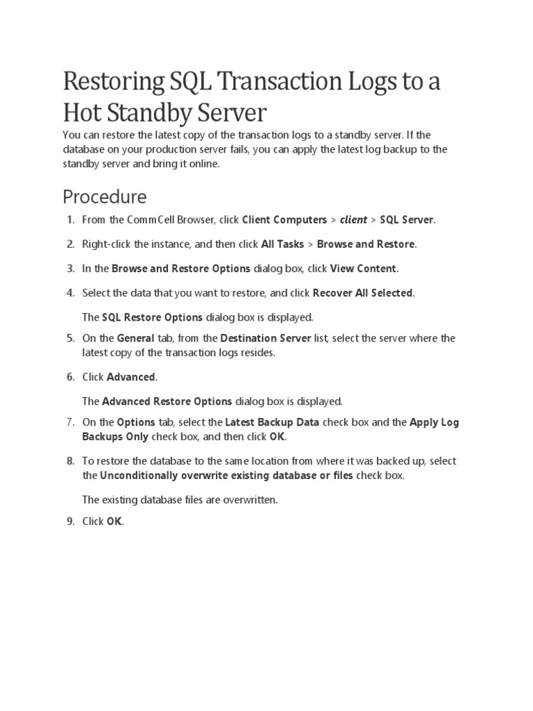 Restoring SQL Transaction Logs To A Hot Standby Server | PDF | Finance ...