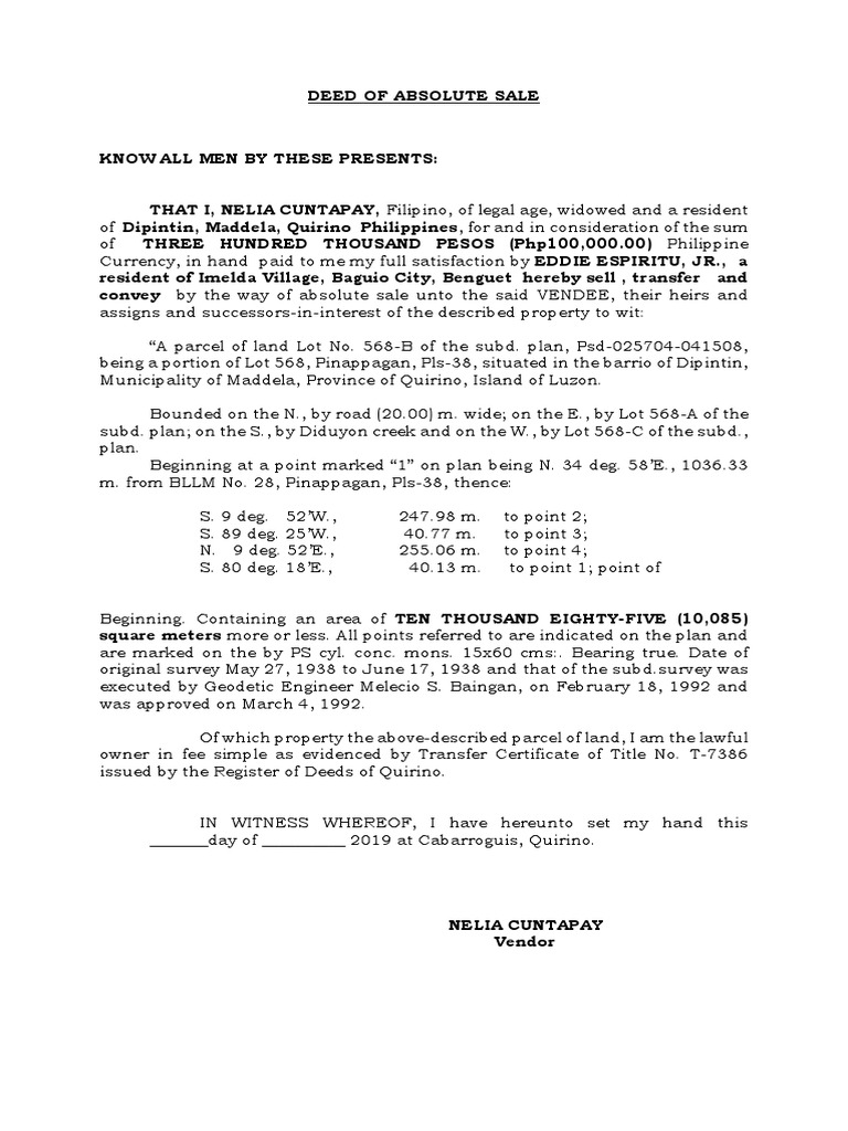 Deed of Absolute Sale | PDF | Property Law | Law And Economics