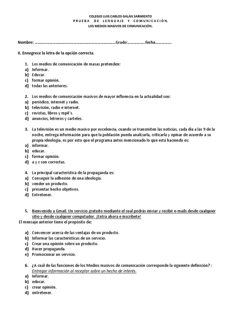 Evaluaciòn Medios de Comunicaciòn | PDF | Medios de comunicación en ...