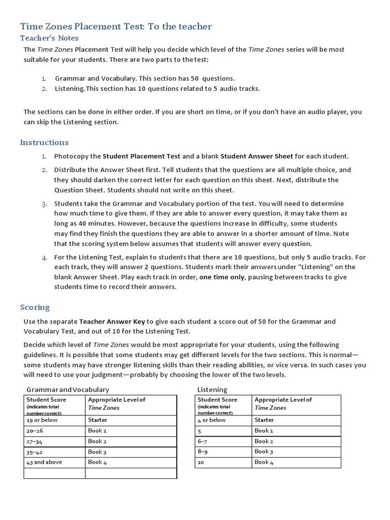 Time Zones Placement Test Guide | PDF | Multiple Choice | Applied ...
