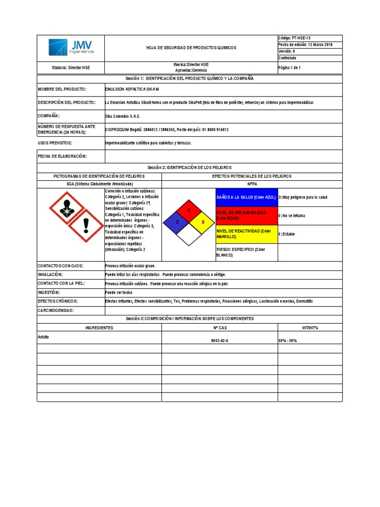 Msds Emulsión Asfaltica | PDF | Seguridad y salud ocupacional | Agua