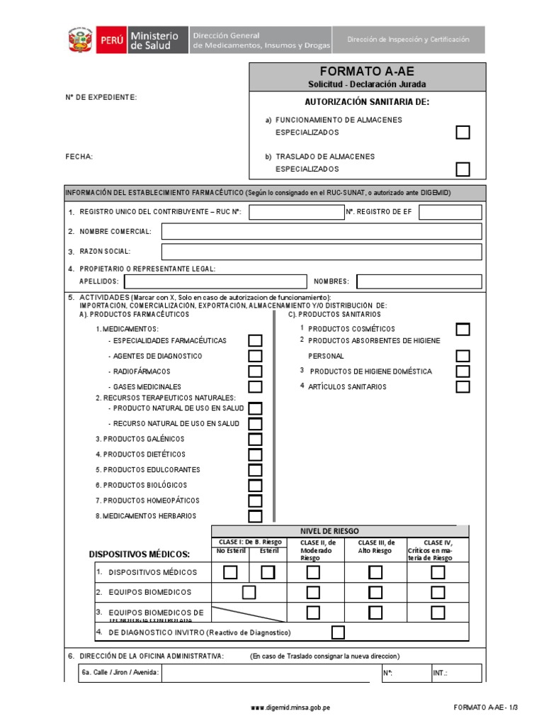 Formato A-Ae: Solicitud - Declaración Jurada Autorización Sanitaria De | Química medicinal ...