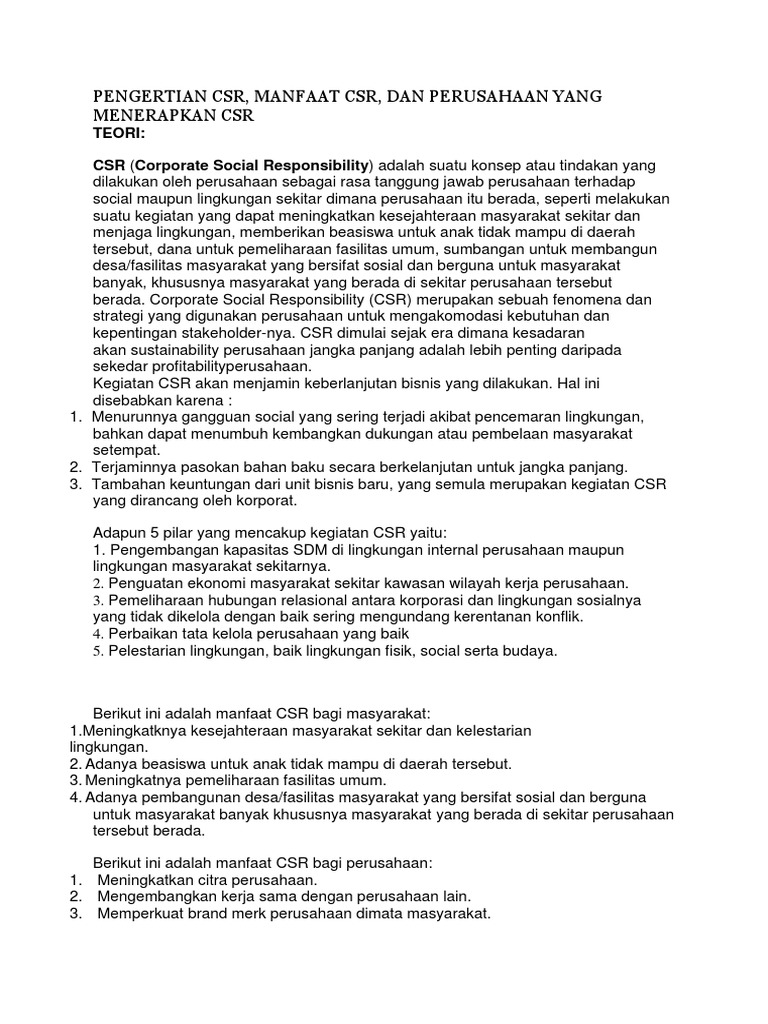 Pengertian CSR, Manfaat CSR, Dan Perusahaan Yang Menerapkan CSR | PDF