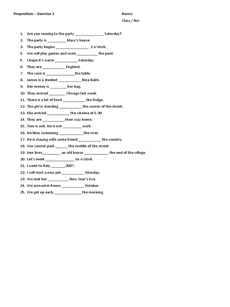 Preposition - Exercise 1 | PDF | Leisure