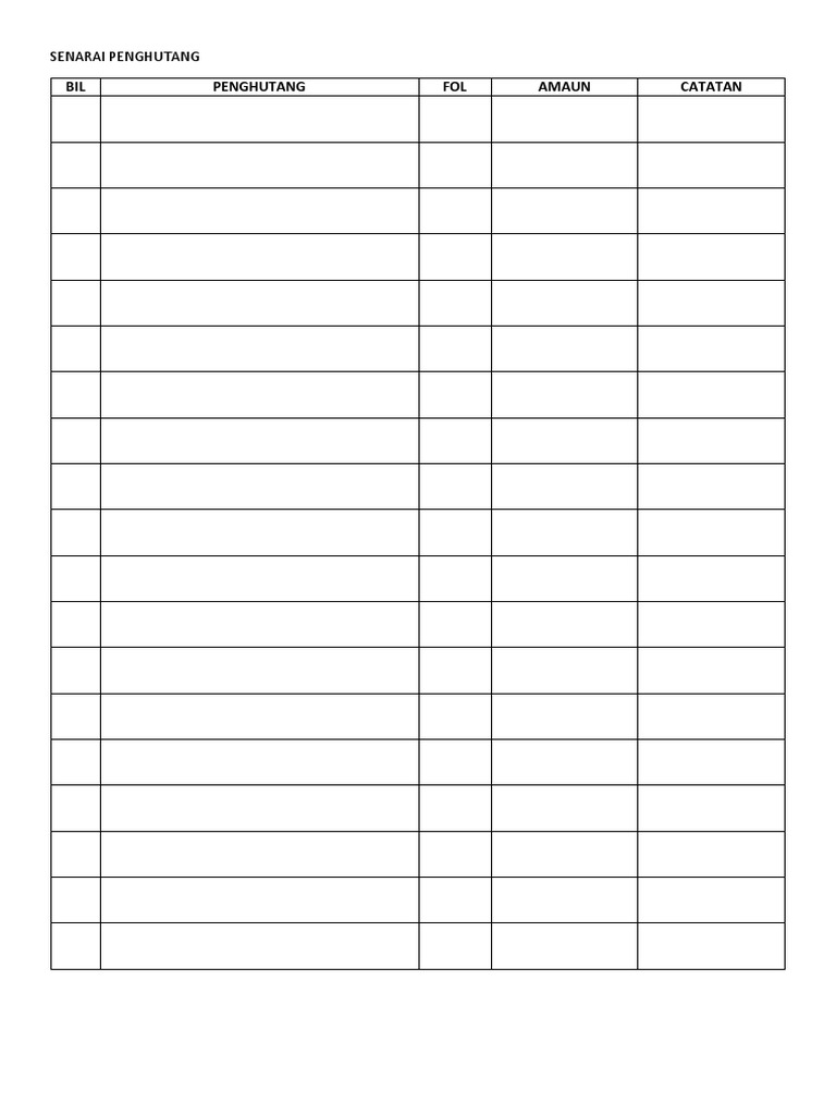 Template Senarai Penghutang, Pemiutang Dan Lejar | PDF